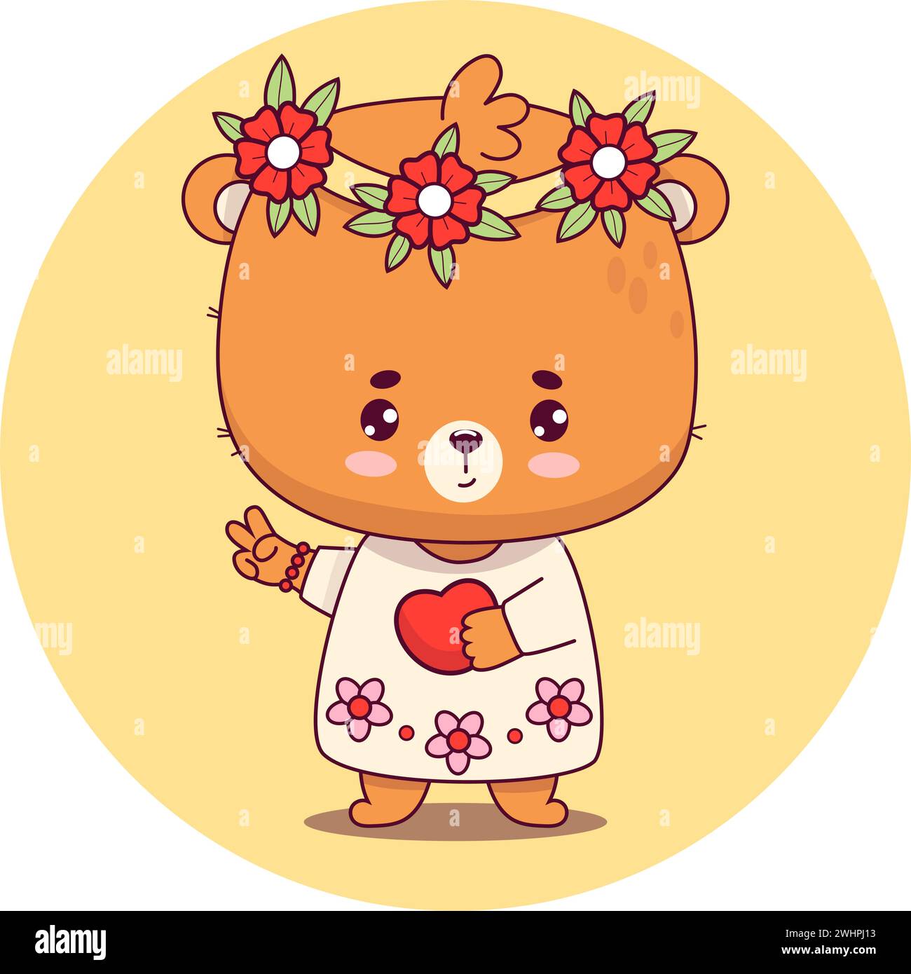 Cute bear cub girl with heart. Funny animal retro kawaii character ...
