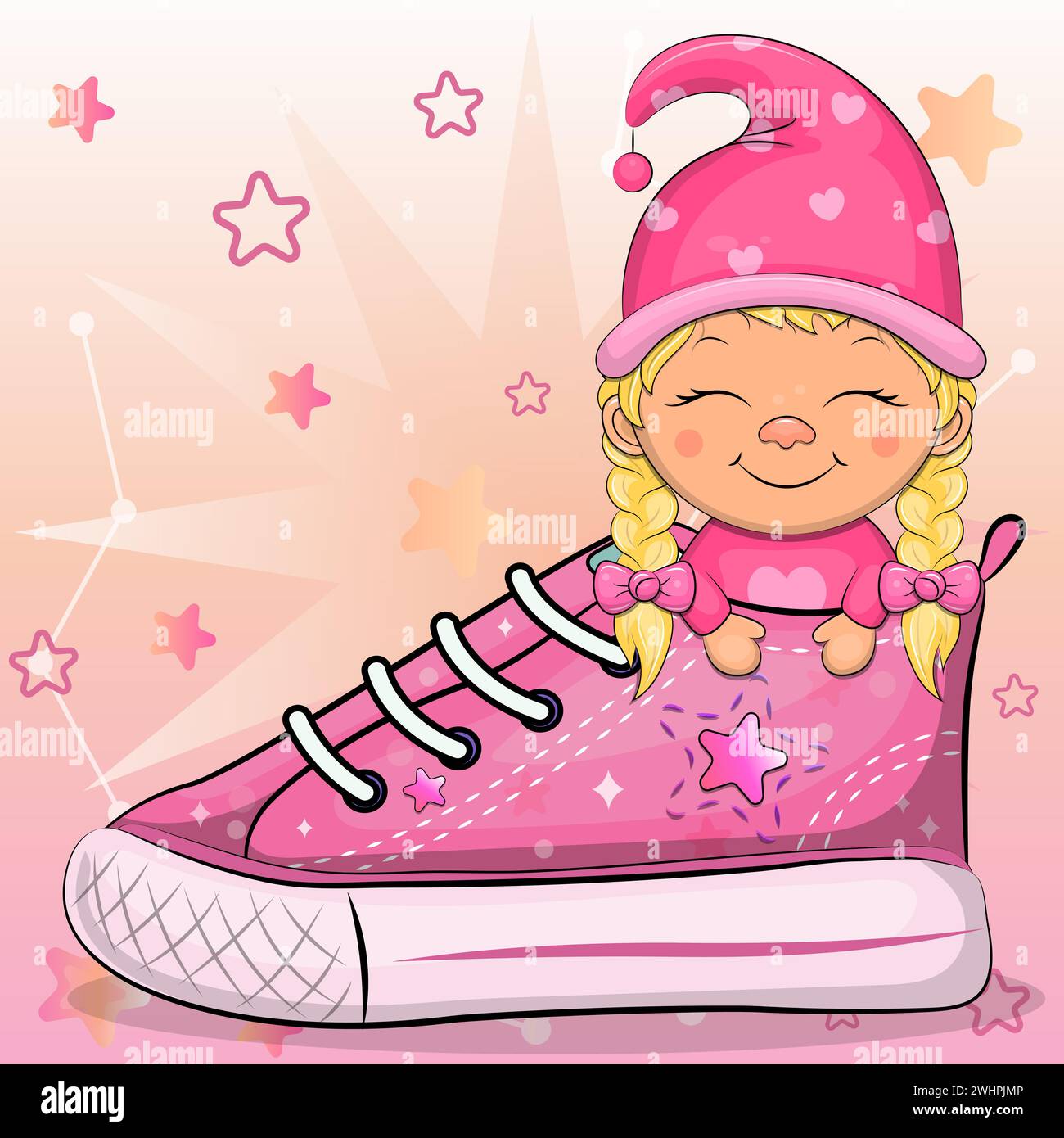 A cute cartoon gnome girl with a sneaker. Vector illustration of dwarf ...