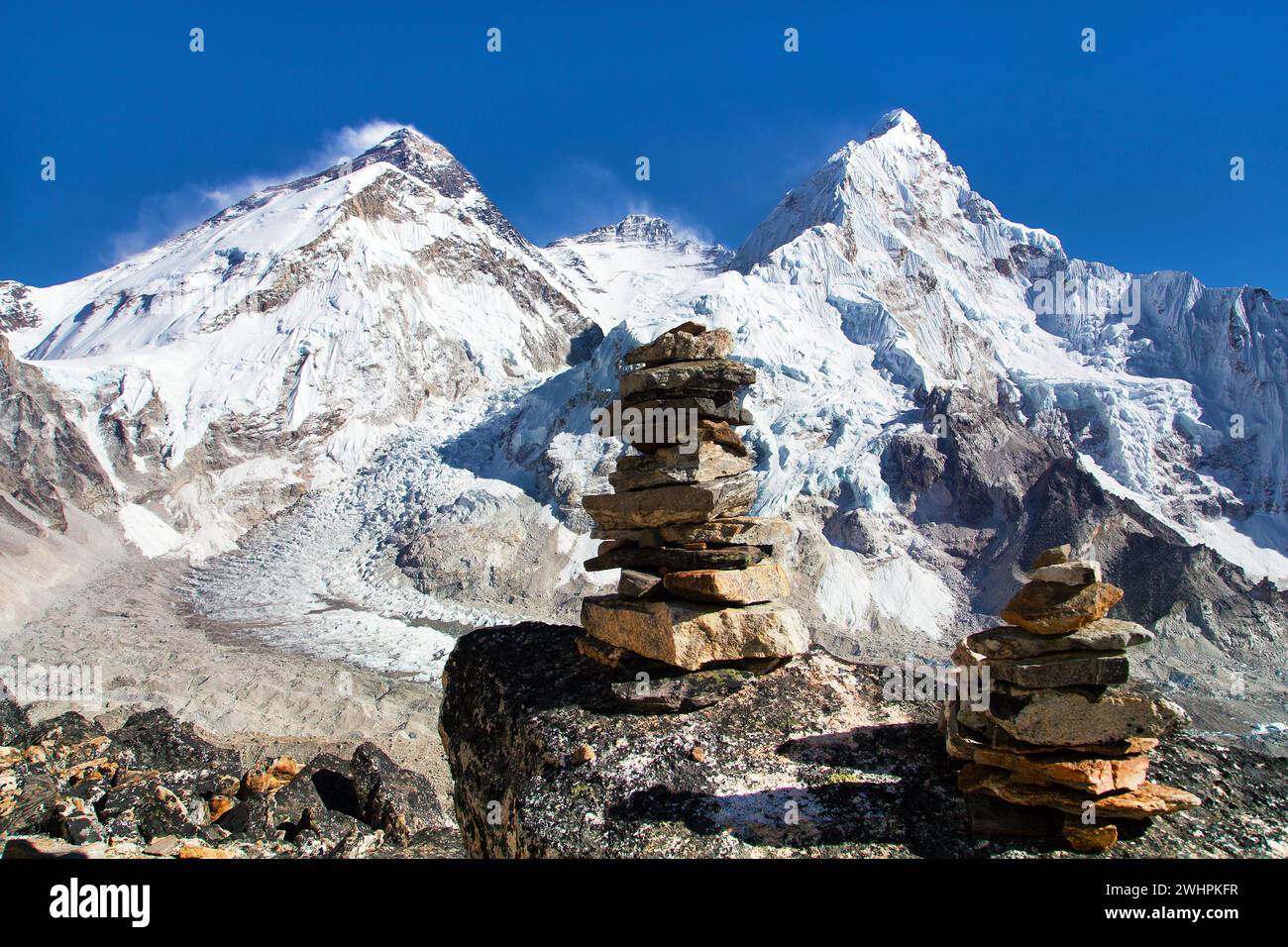 Mount Everest, Lhotse and Nuptse from Pumo Ri base camp with stone ...