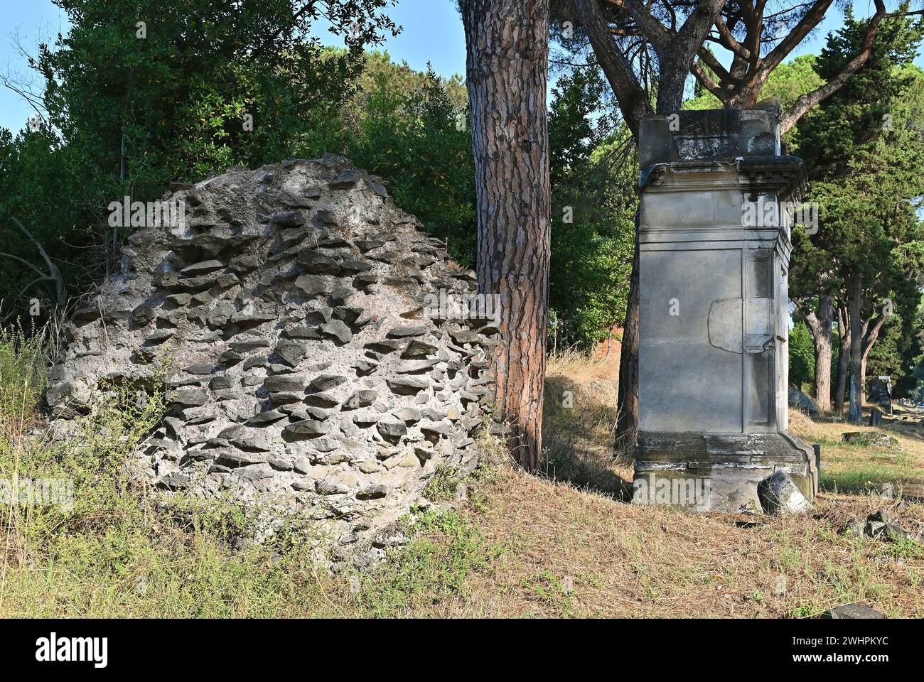 Funerary monuments, trees, Via Appia Antica, Roma Stock Photo - Alamy
