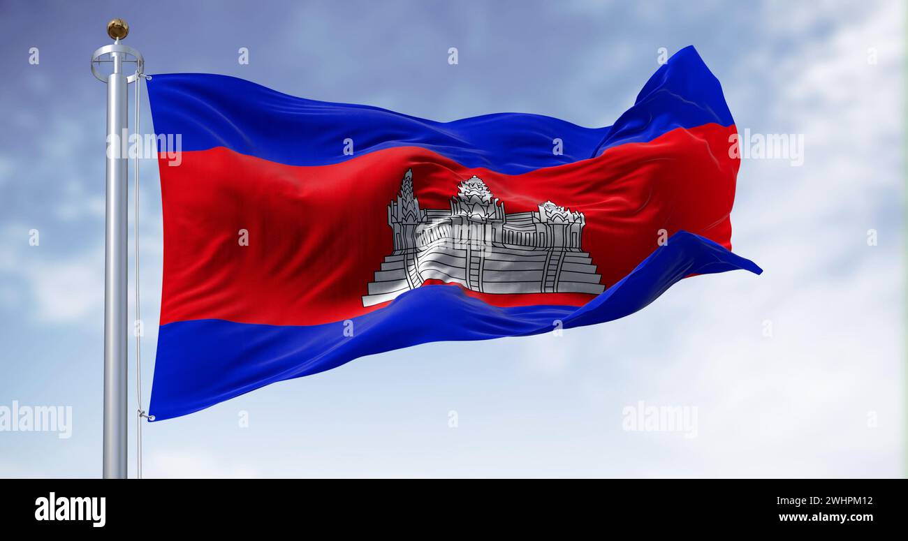 Cambodia national flag waving on a clear day Stock Photo - Alamy