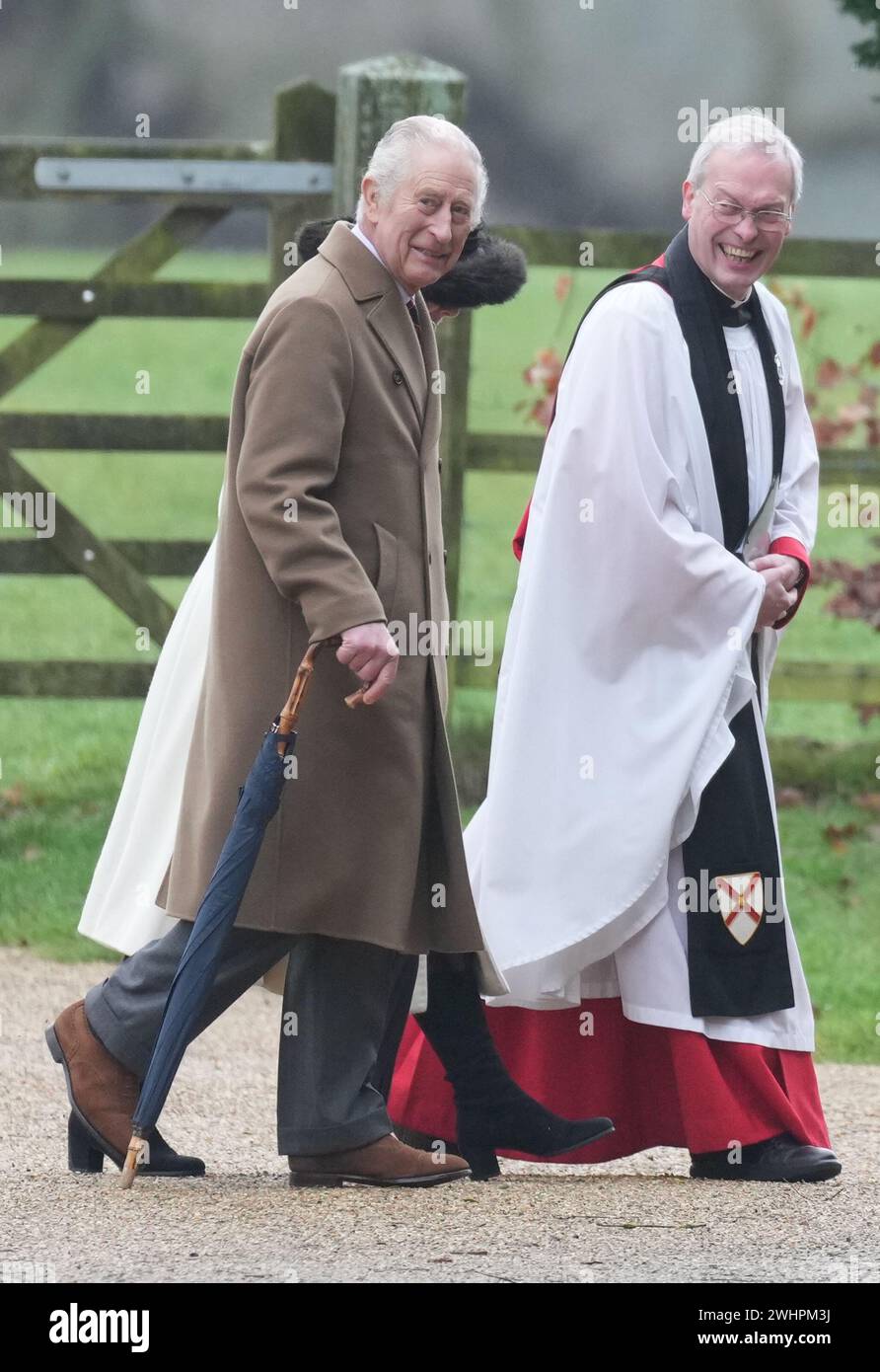King Charles III and Queen Camilla arrive to attend a Sunday church ...