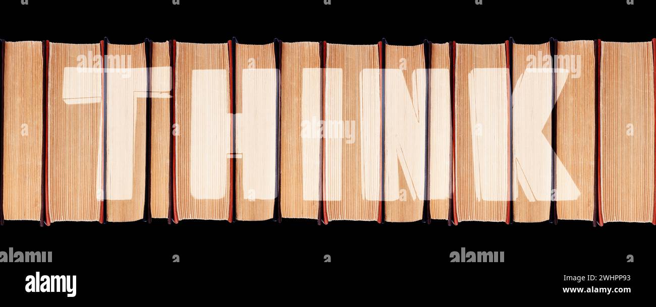 Word THINK on old paper books row, book pile, stack, education concept ...