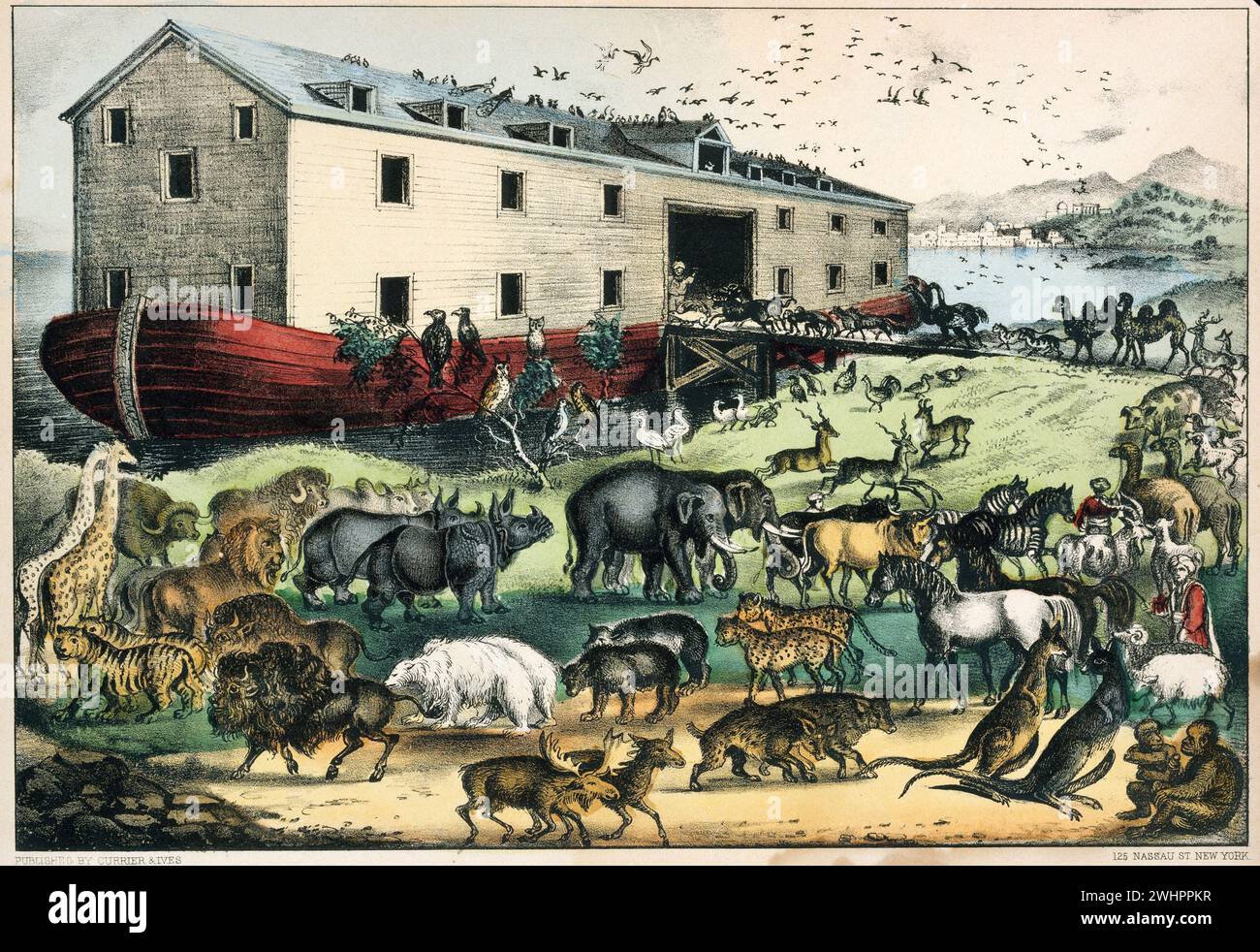 Noah's Ark .Currier & Ives , American, Hand-colored lithograph Stock ...