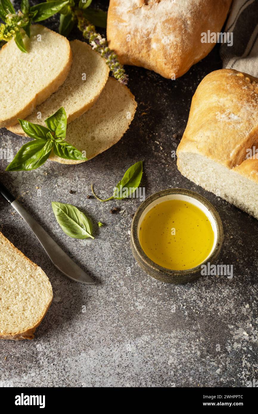 Fresh crispy Ciabatta bread. Sliced Italian ciabatta bread with extra ...