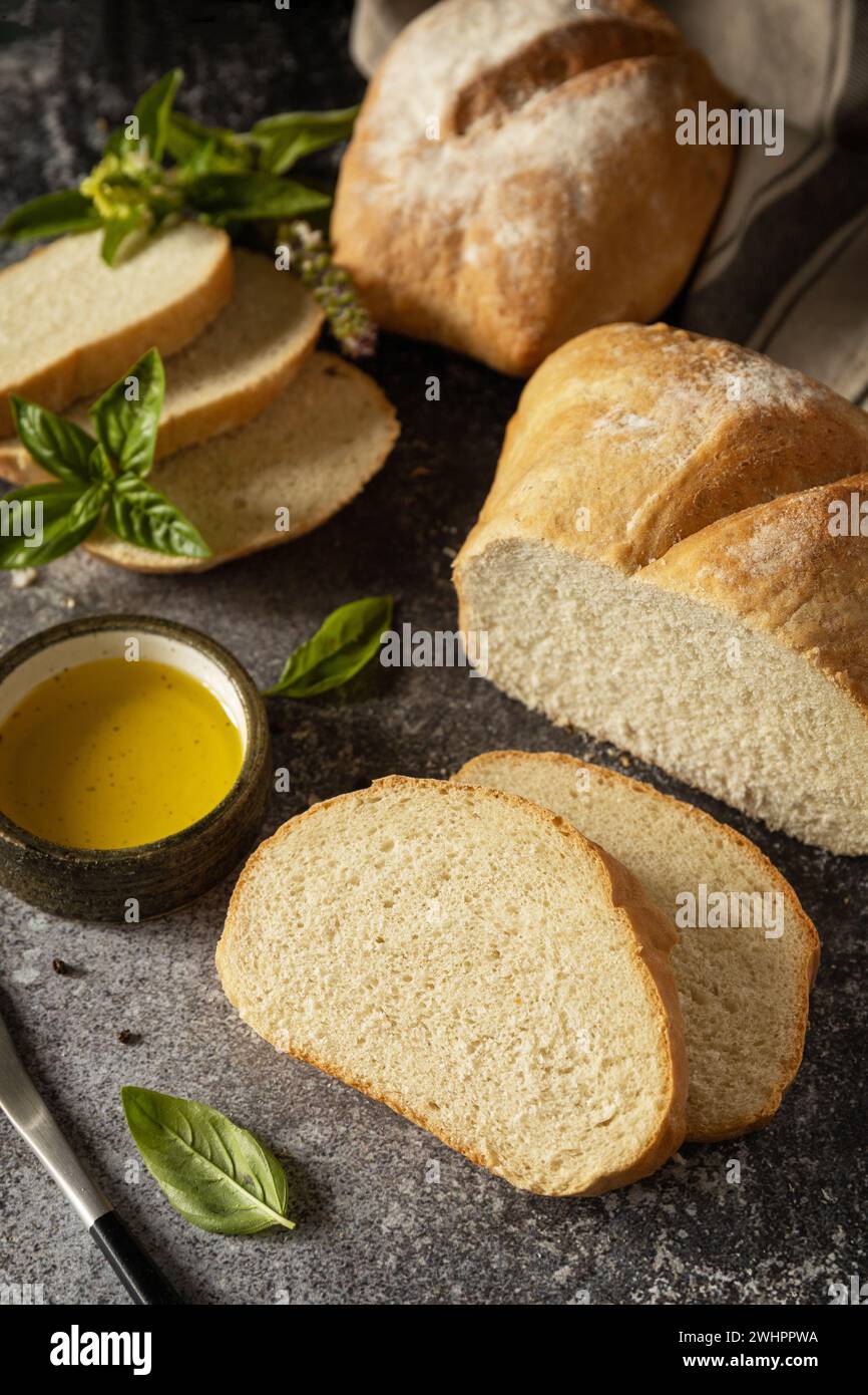 Fresh crispy Ciabatta bread. Sliced Italian ciabatta bread with extra ...