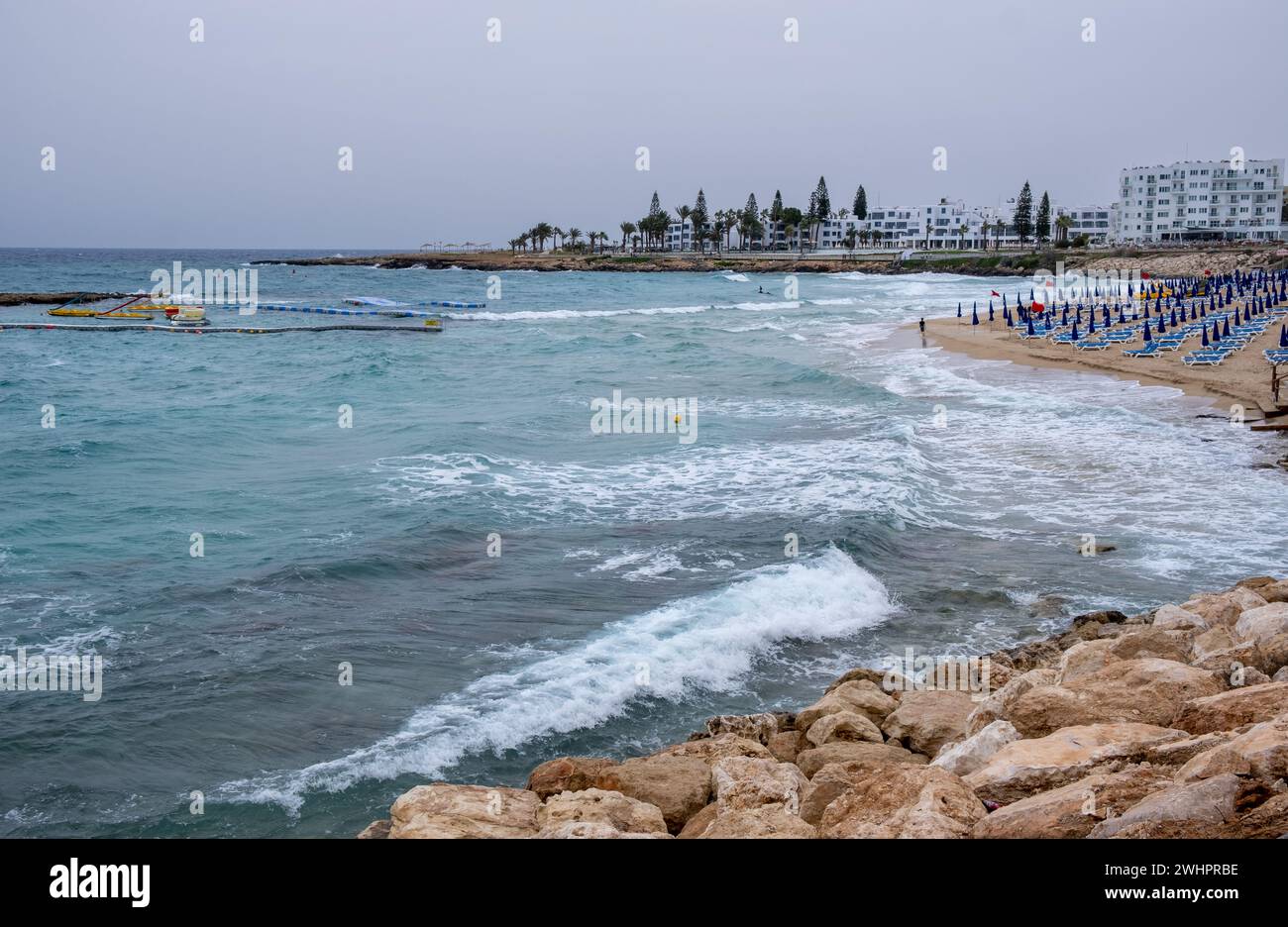 Stormy sandy beach. fig tree bay beach holiday resort protaras cyprus ...