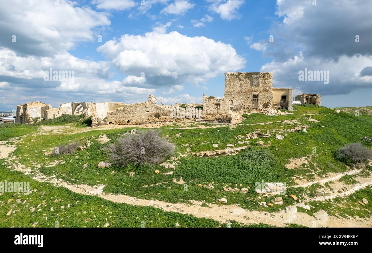 Drone aerial view of an abandoned deserted village. Ruins of deserted ...