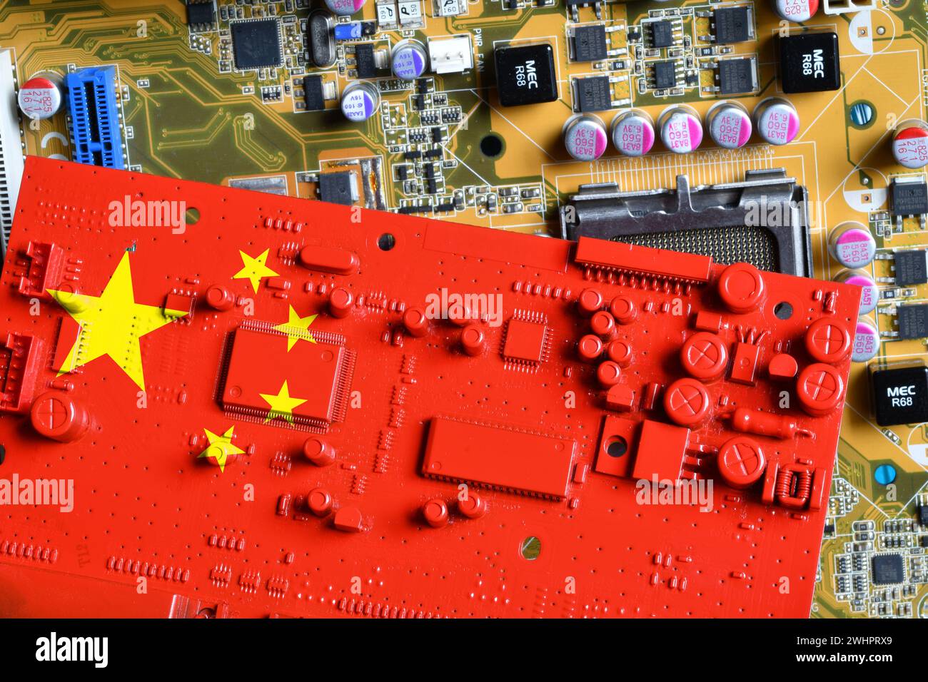 Flag of the Republic of China on a red painted printed circuit board ...
