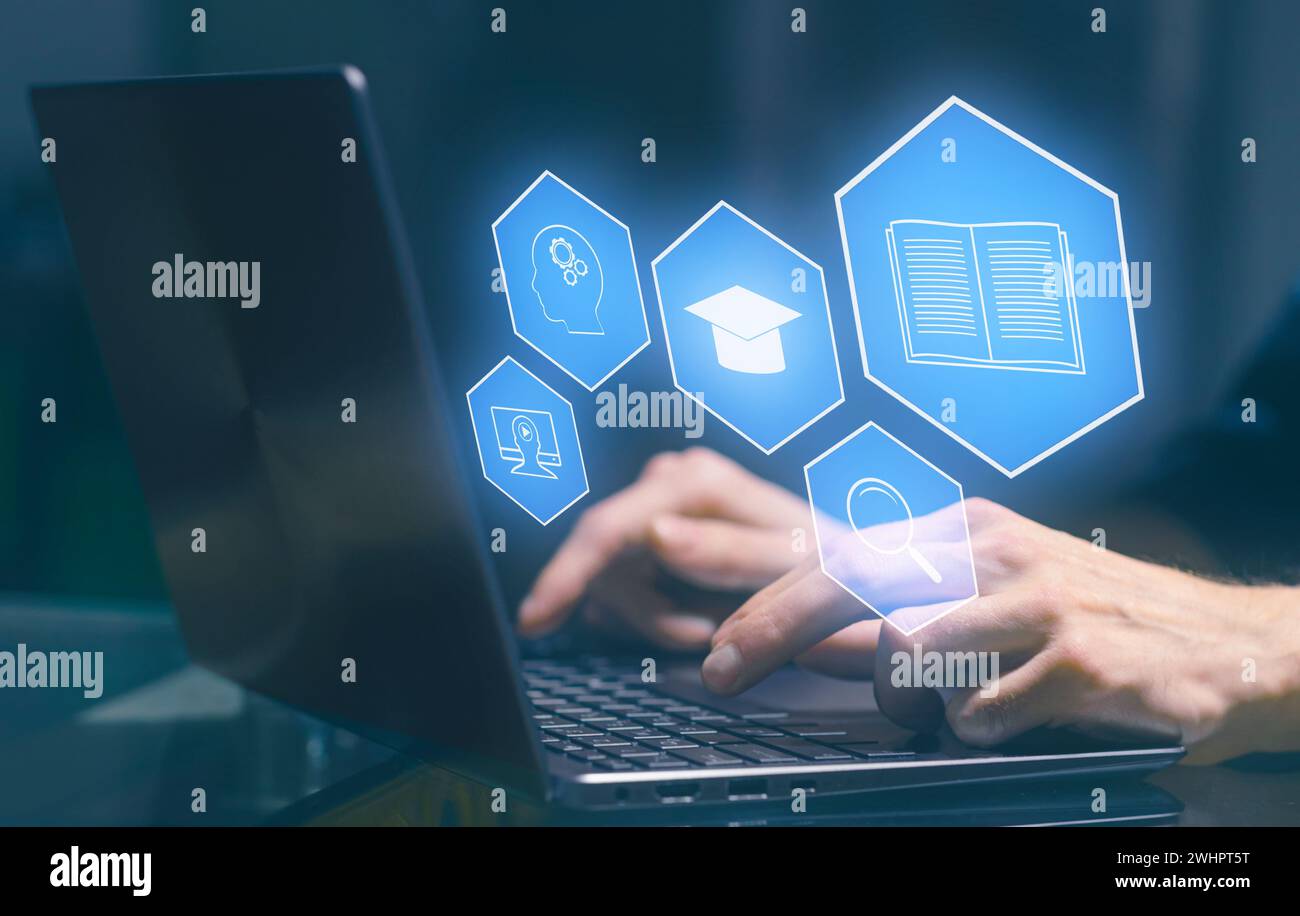 E-learning and Online Education concept. Male student learning lesson ...