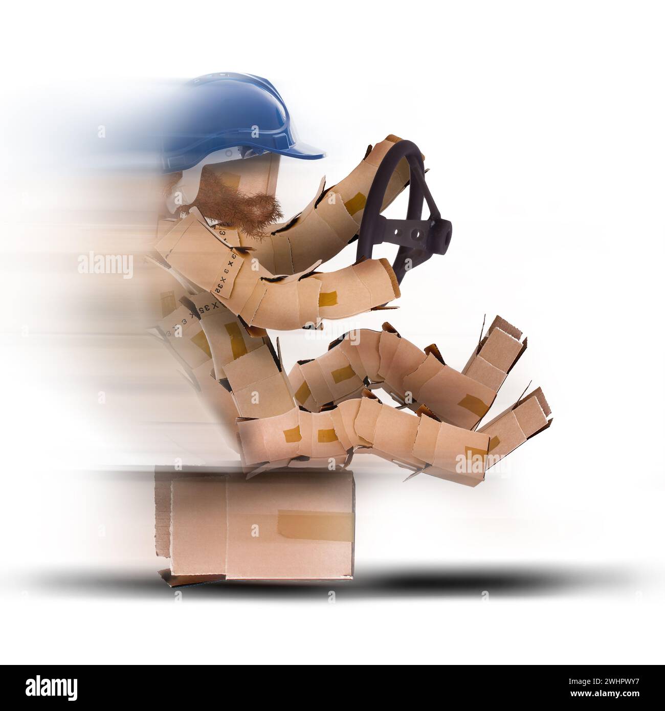 Box character with helmet and steering wheel and beard pretending to be ...