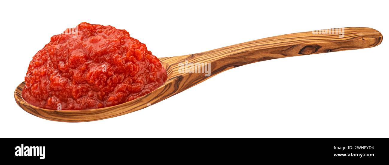 Tomato paste in wooden spoon isolated on white background, full depth ...