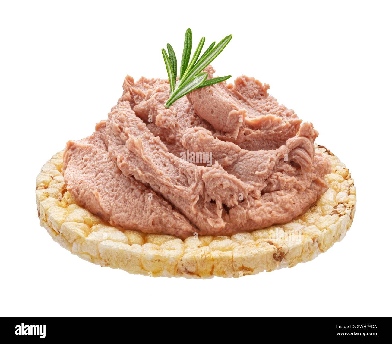 Liver pate on puffed rice cake isolated on white background, full depth ...