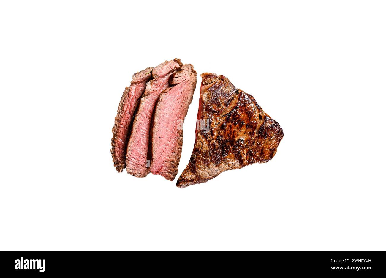 Sliced grilled filet Mignon steak. Beef tenderloin. Isolated on white background. Top view Stock ...