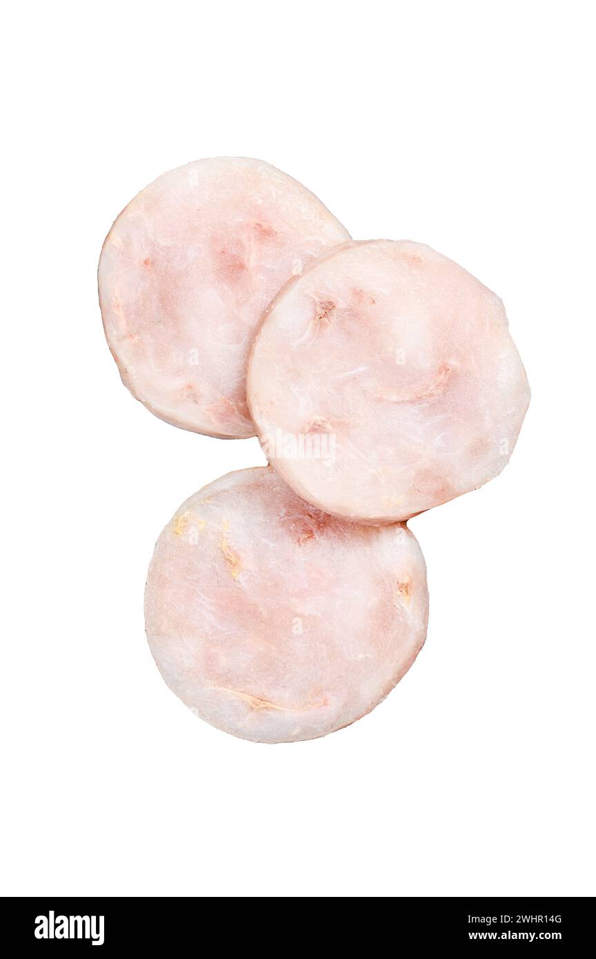 Fish cutlets from minced cod. Isolated on white background. Top view ...