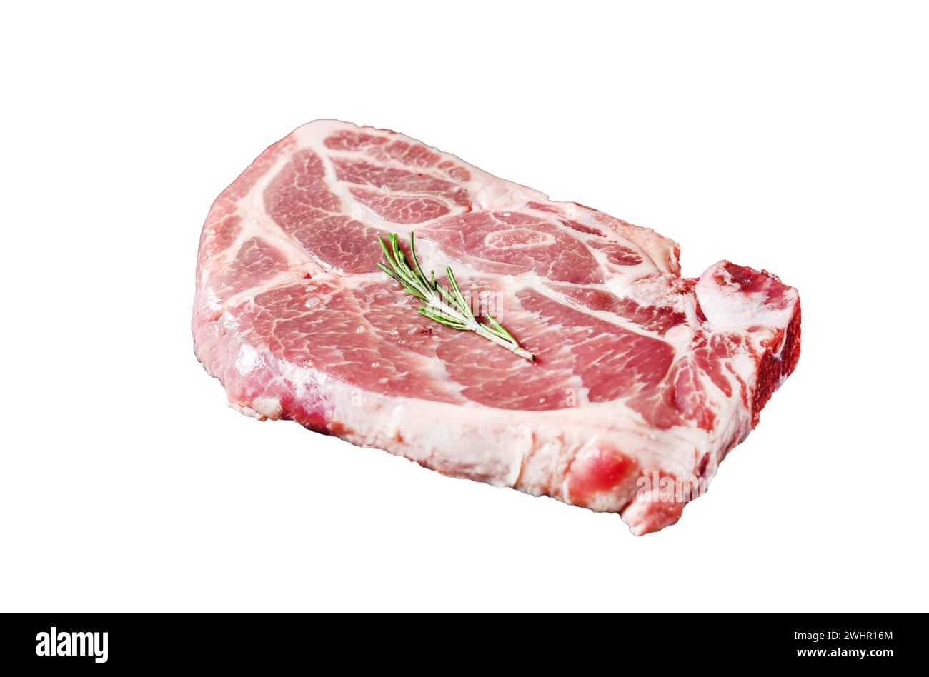 Fresh pork steak. Marbled meat. Isolated on white background. Top view ...