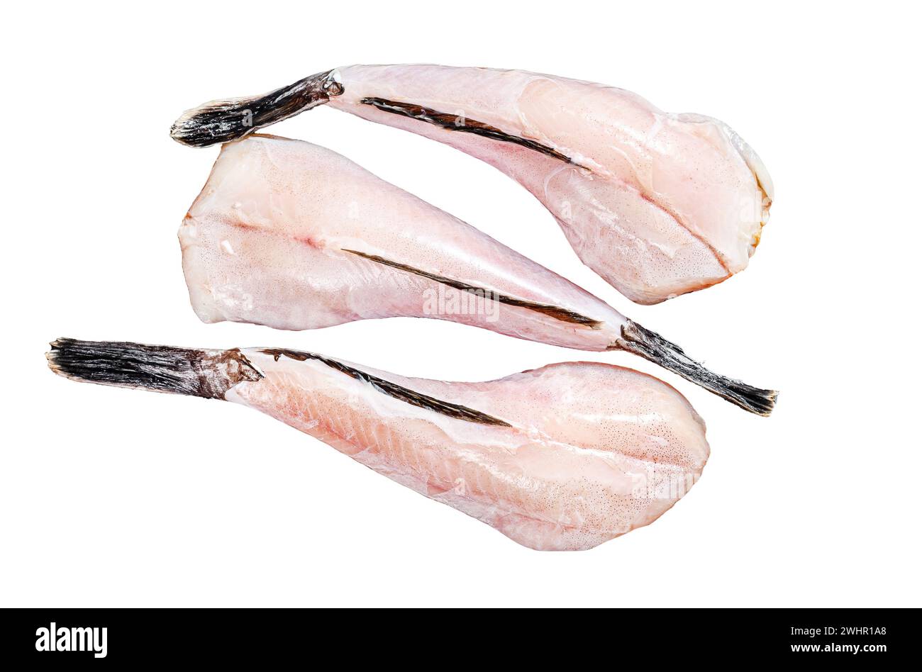 Separate fresh monkfish without head and skin. Isolated on white ...
