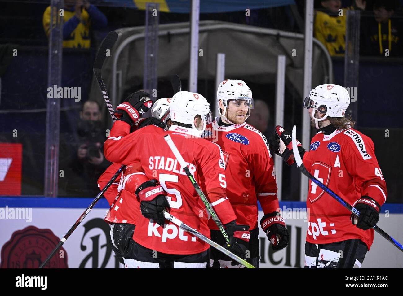 Karlstad, Sweden. 11th Feb, 2024. Jubilation in Switzerland after 2-2 during Sunday's ice hockey ...