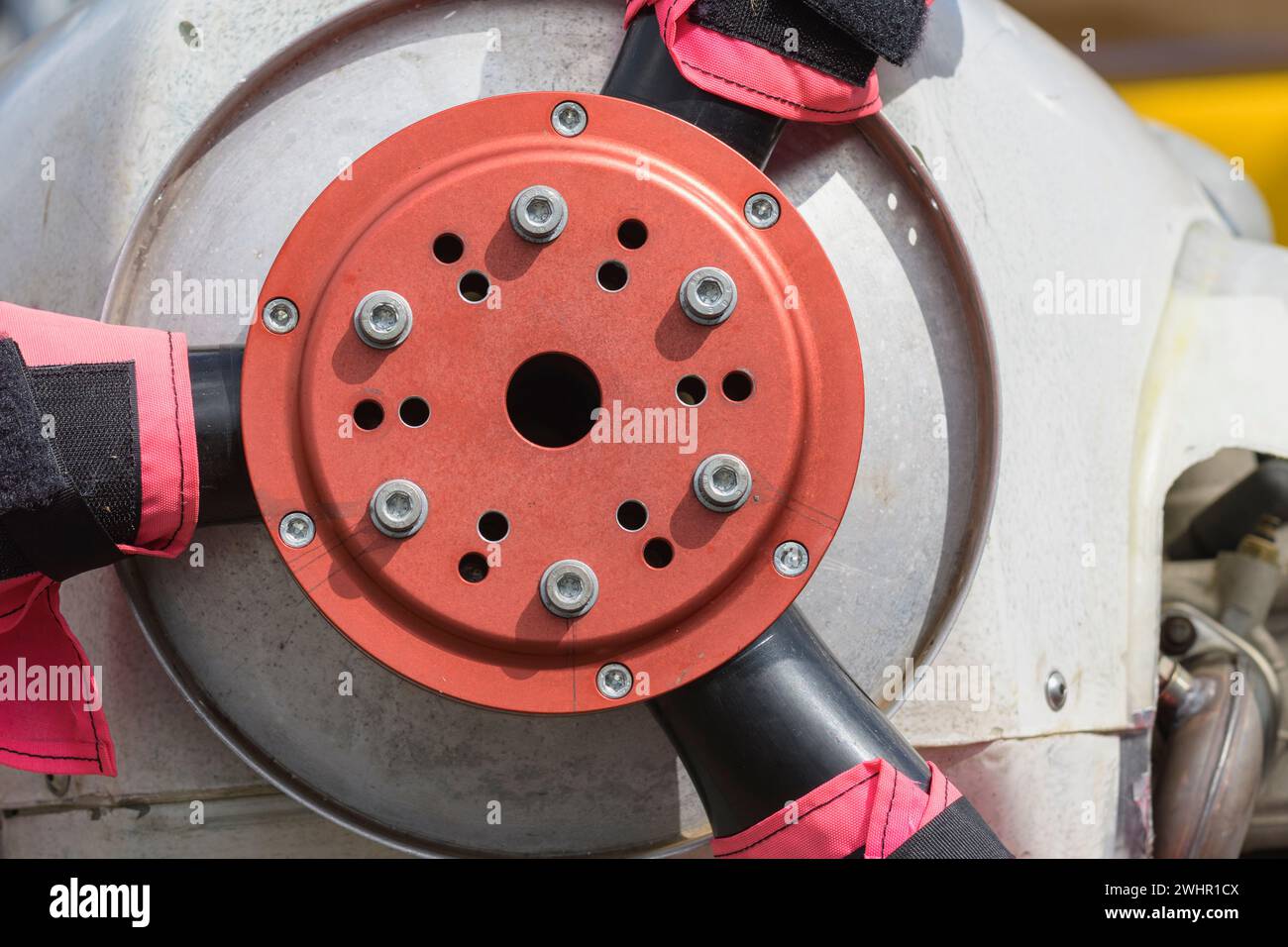 Propeller fastening in a light aircraft. Close-up, screws, texture ...
