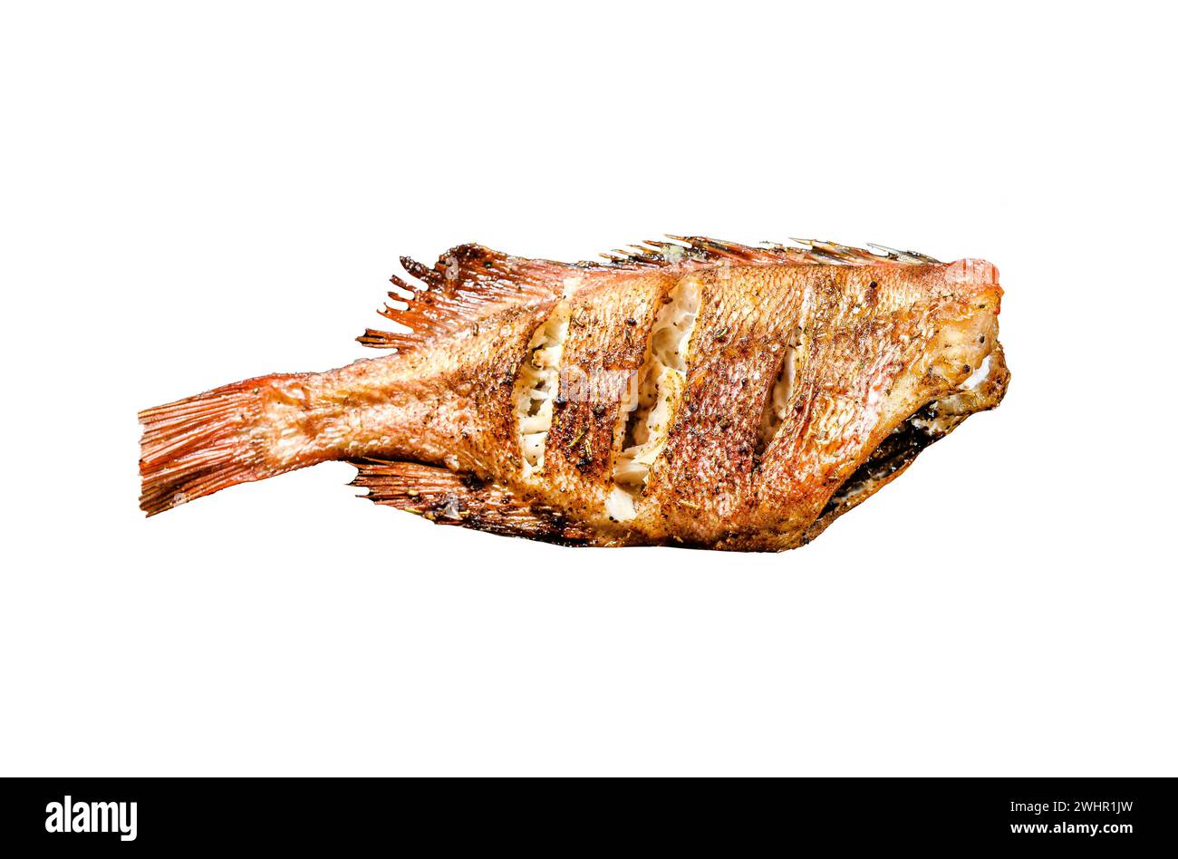 Red sea bass fried. Isolated on white background. Top view Stock Photo ...