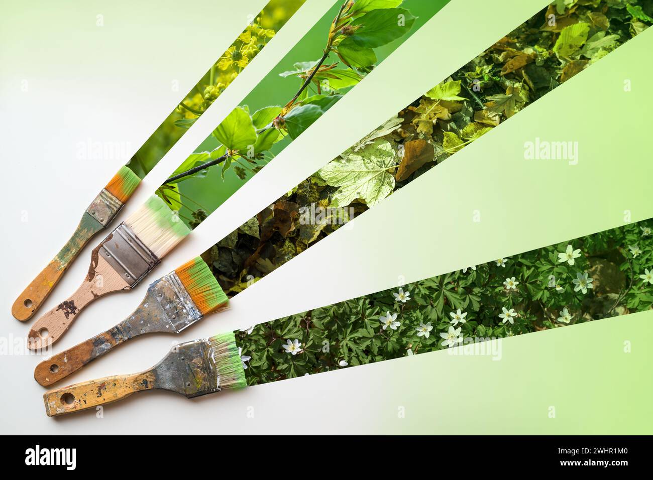 Paint brushes painting stipes of nature like flowers, trees and leaves ...