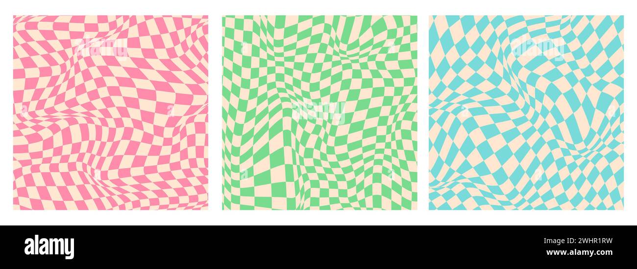 Set of groovy hippie 70s style backgrounds. Chessboard and twisted pattern. Vector psychedelic ...