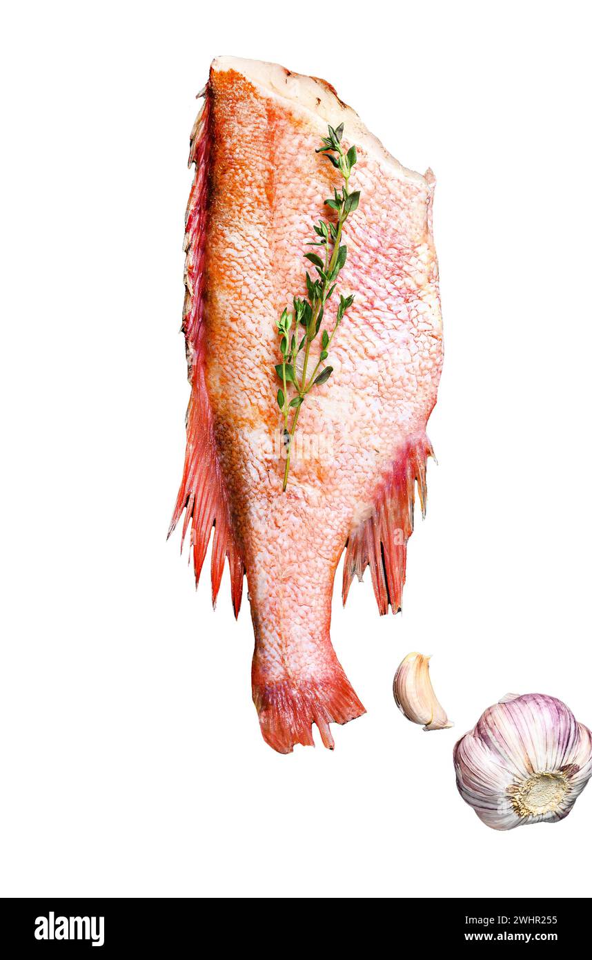Raw red sea perch Isolated on white background. Top view Stock Photo ...