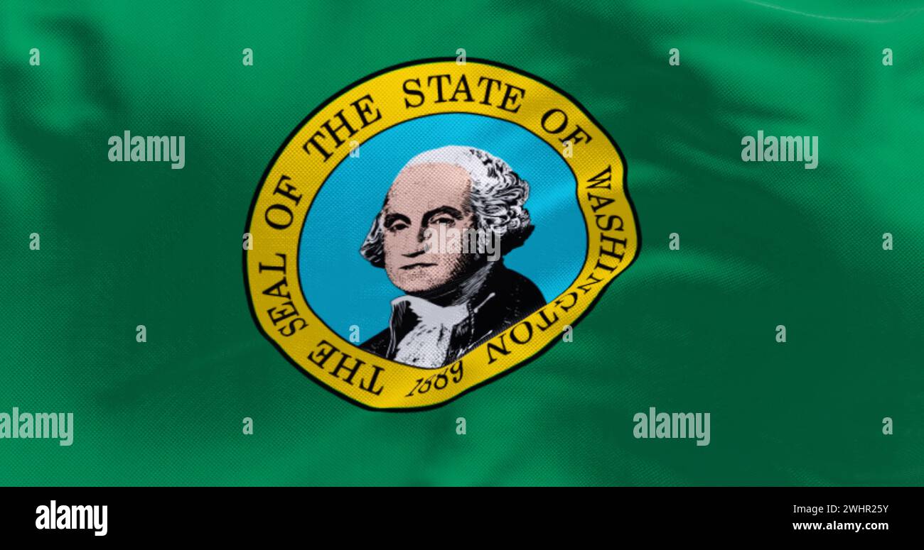 Close-up of Washington state flag waving in the wind. dark green field ...