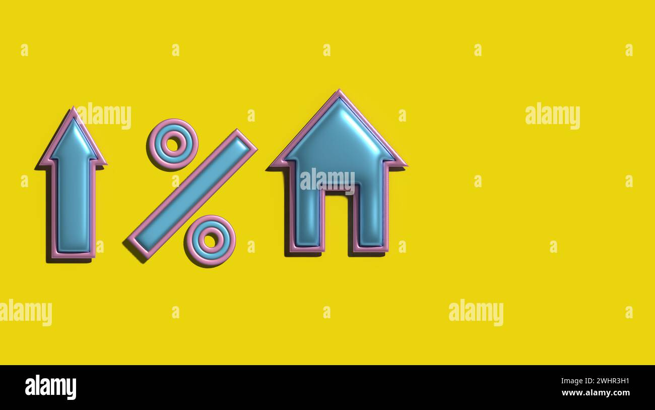 House, percent and up arrow shapes on a yellow background, 3D rendering ...