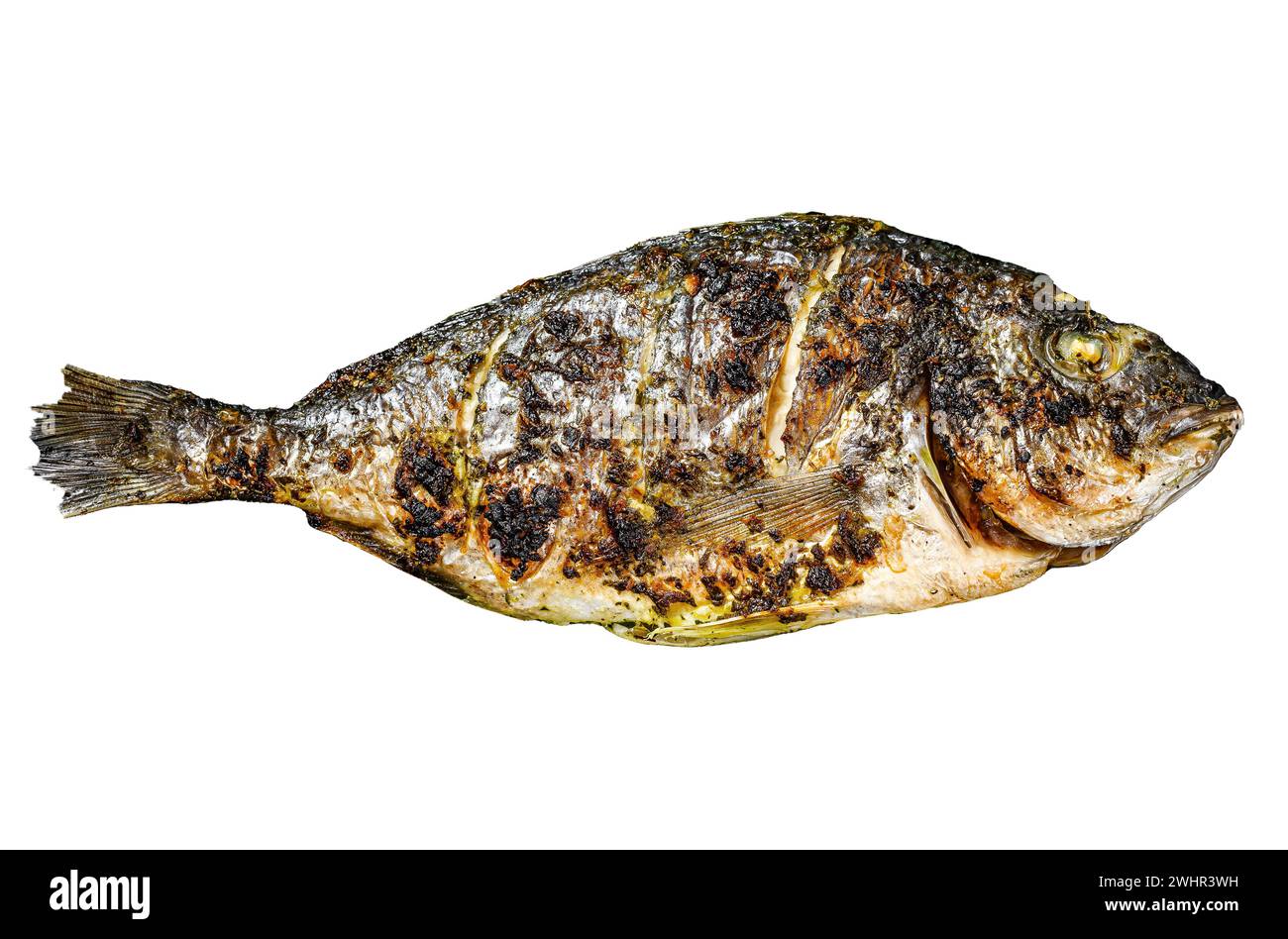 Grilled Dorado fish Isolated on white background. Top view Stock Photo ...