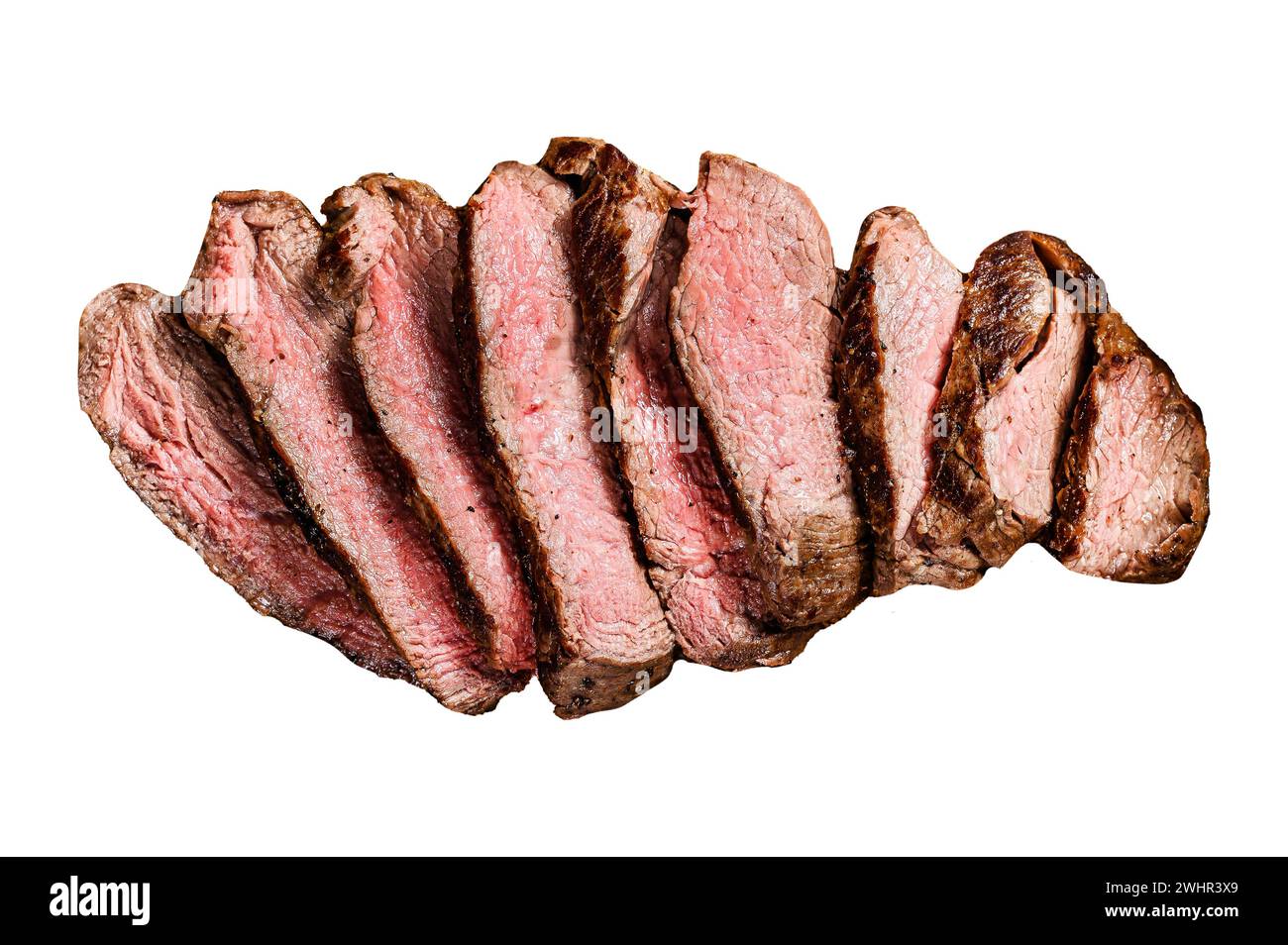 Sliced Grilled Filet Mignon Steak Isolated On White Background Top