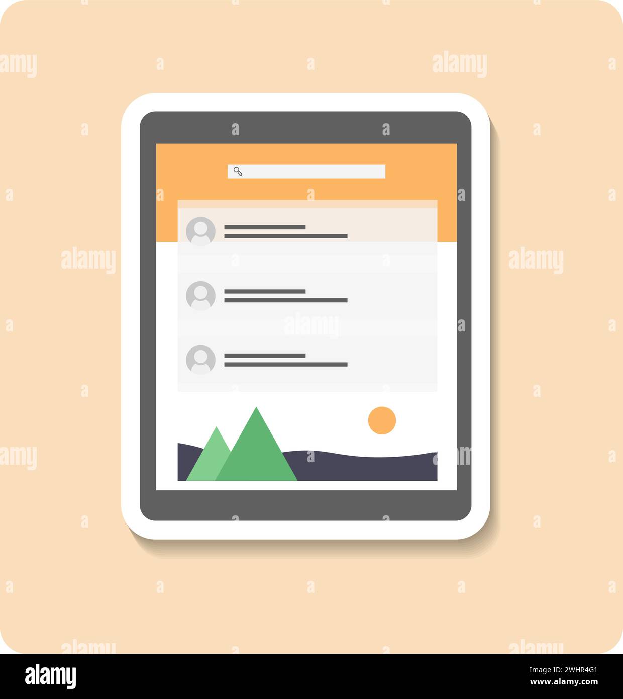 Tablet sticker illustration. Screen, plant, books, cup. Editable vector ...