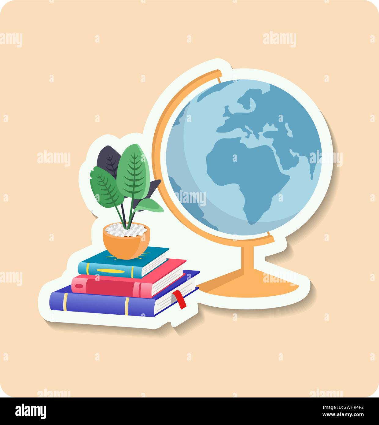Globe sticker illustration. Ball, plant, books, stand. Editable vector ...