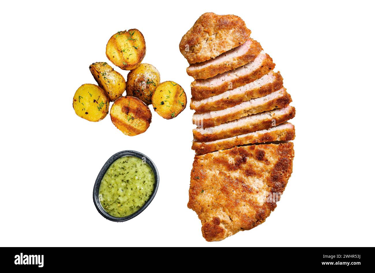 Homemade breaded german weiner schnitzel with potatoes Isolated on ...