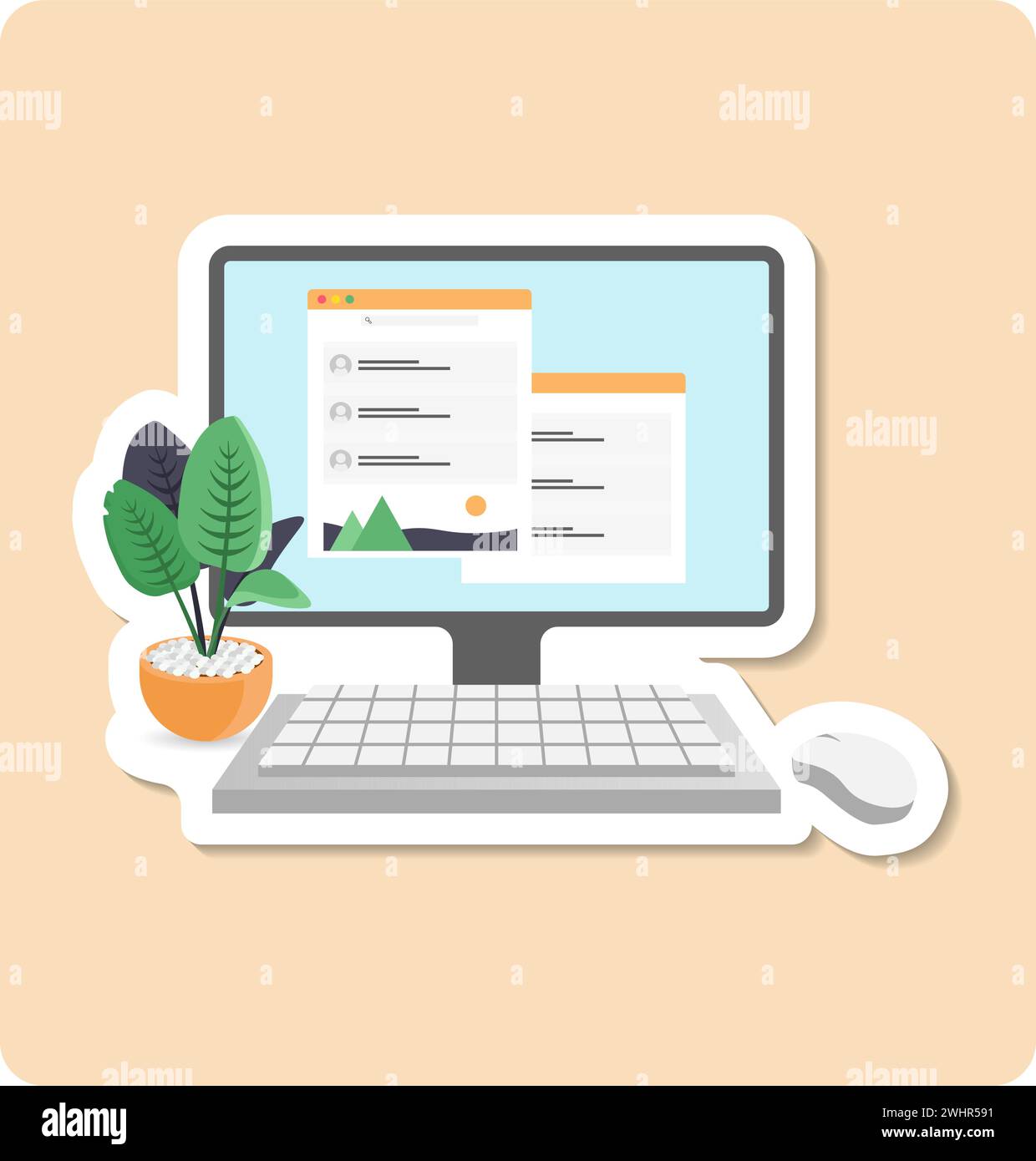 Computer sticker illustration. Monitor, keyboard, mouse, plant ...