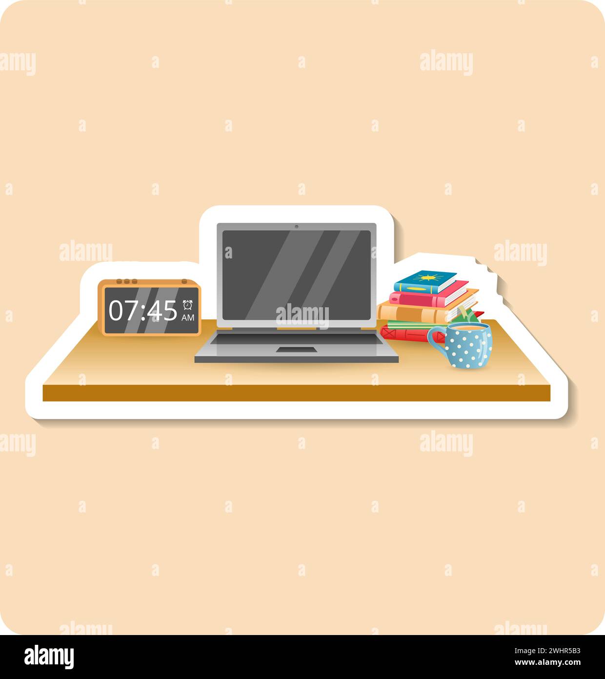 Work desk sticker illustration. Table, alarm, laptop, books, cup ...