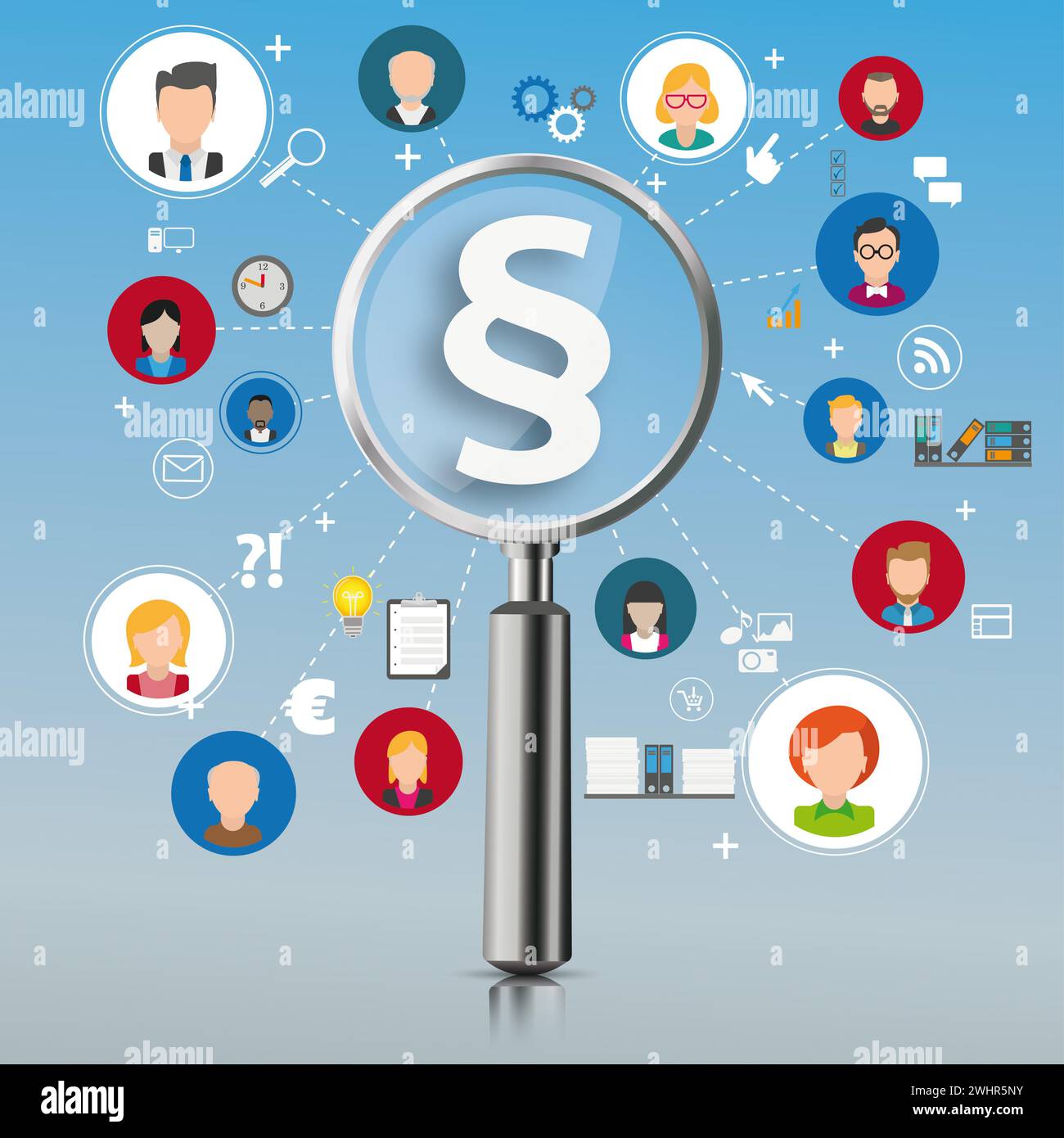 Loupe with humans and paragraph on the blue mirror background. Eps 10 ...