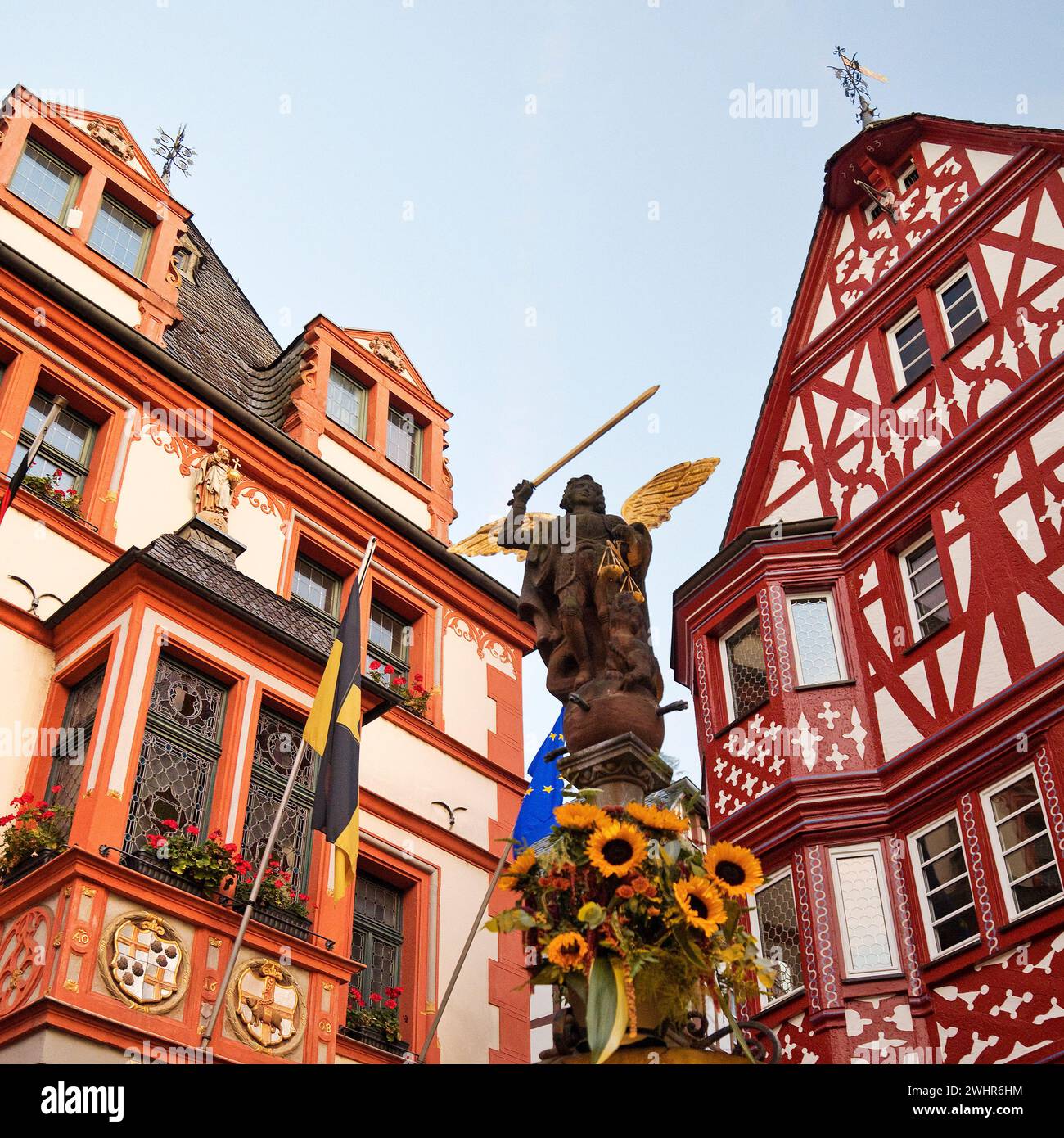 St. Michael's fountain with town hall and gable half-timbered house ...