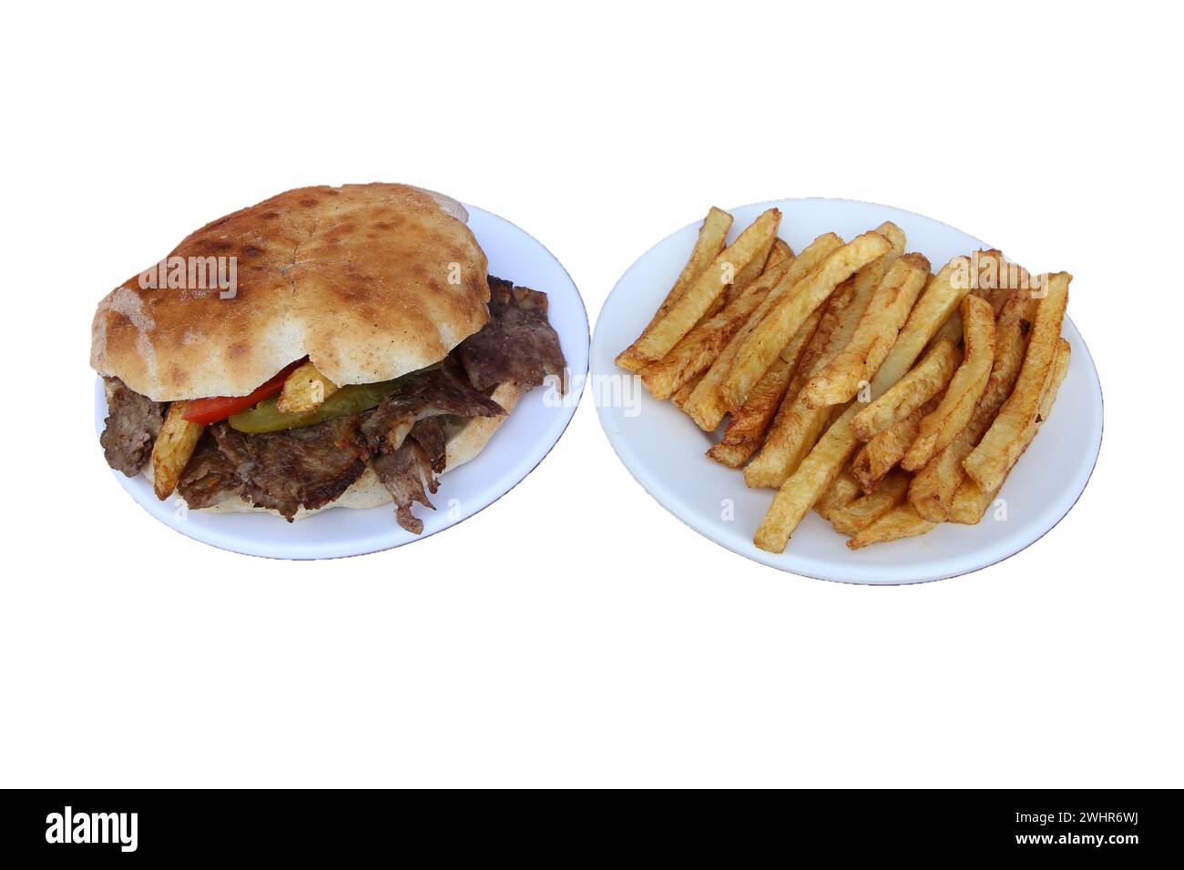doner kebab sandwich and fries, isolated on white background Stock ...