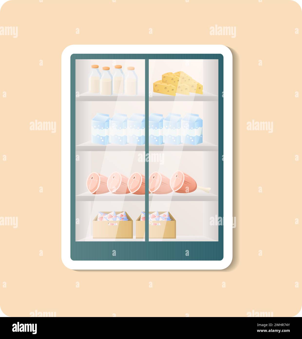 Fridge sticker illustration. Refrigerator, bottle, meat, cheese ...