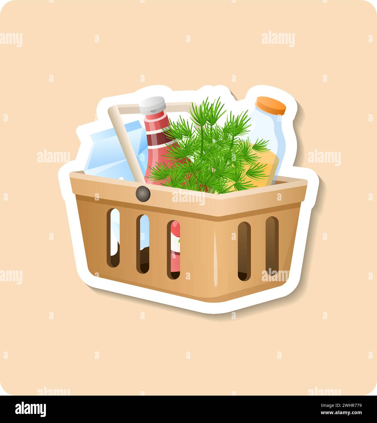 Basket sticker illustration. Milk, bottle, dill, handle. Editable ...