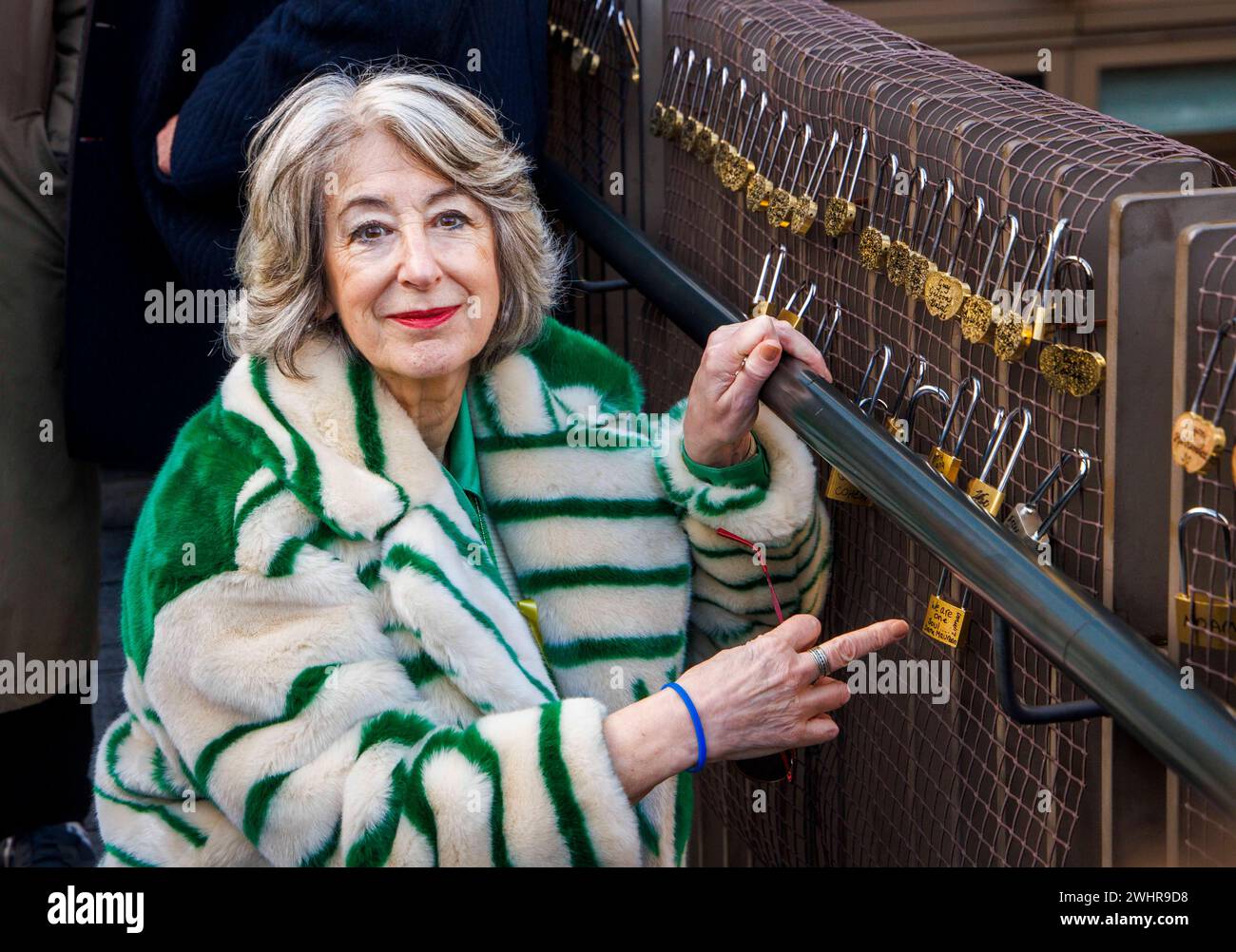 London, UK. 11th Feb, 2024. Dame Maureen Lipman attaches her padlock ...