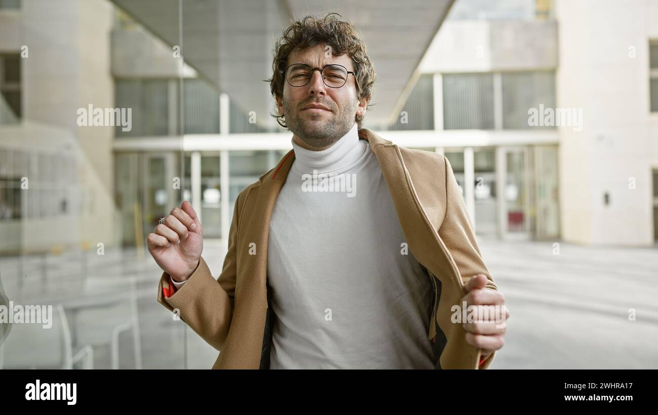 A content man in casual fashion poses joyfully on a city street with ...