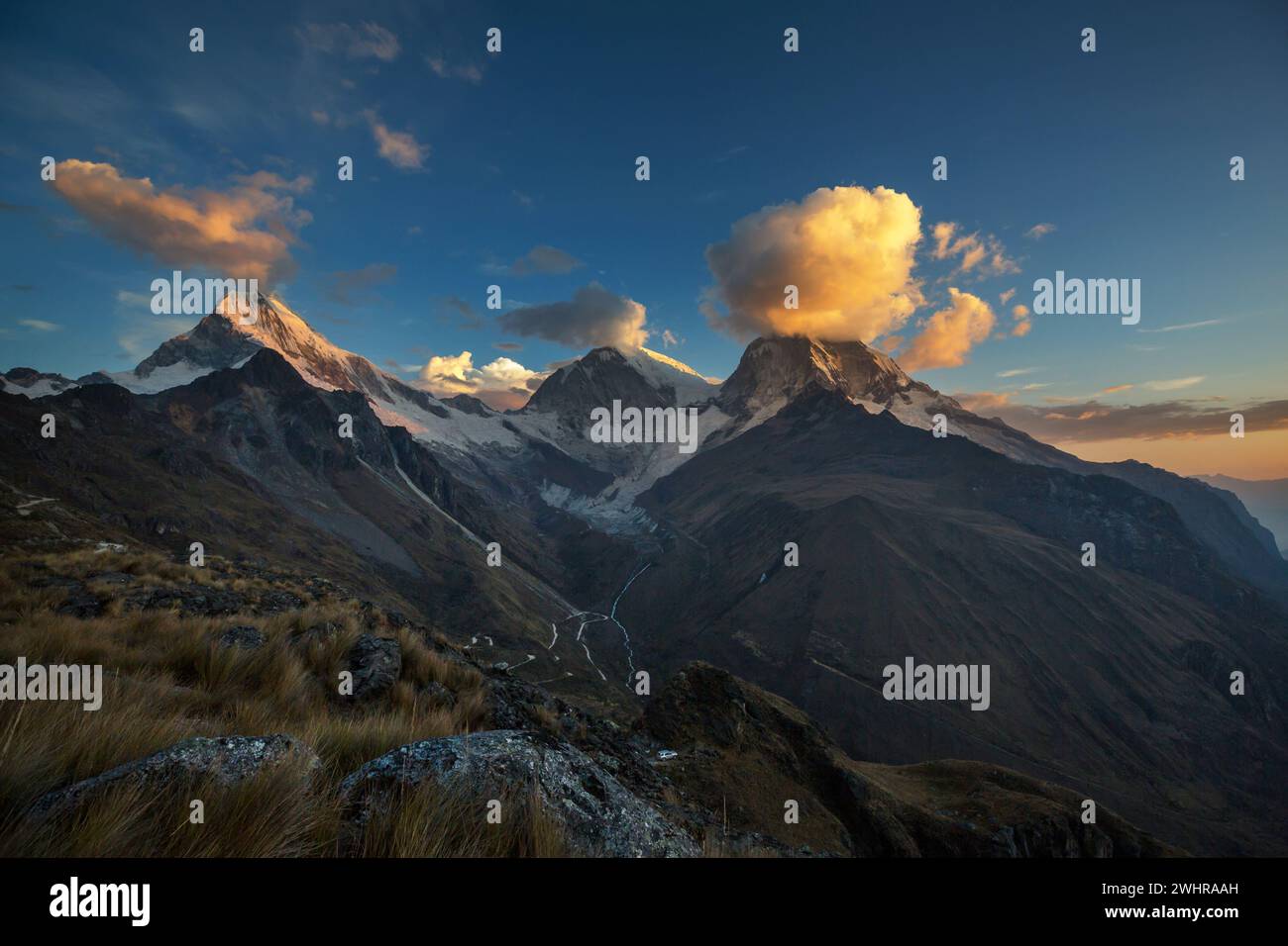 Hiking in the fantastic landscape of the Peruvian high mountain Andes ...