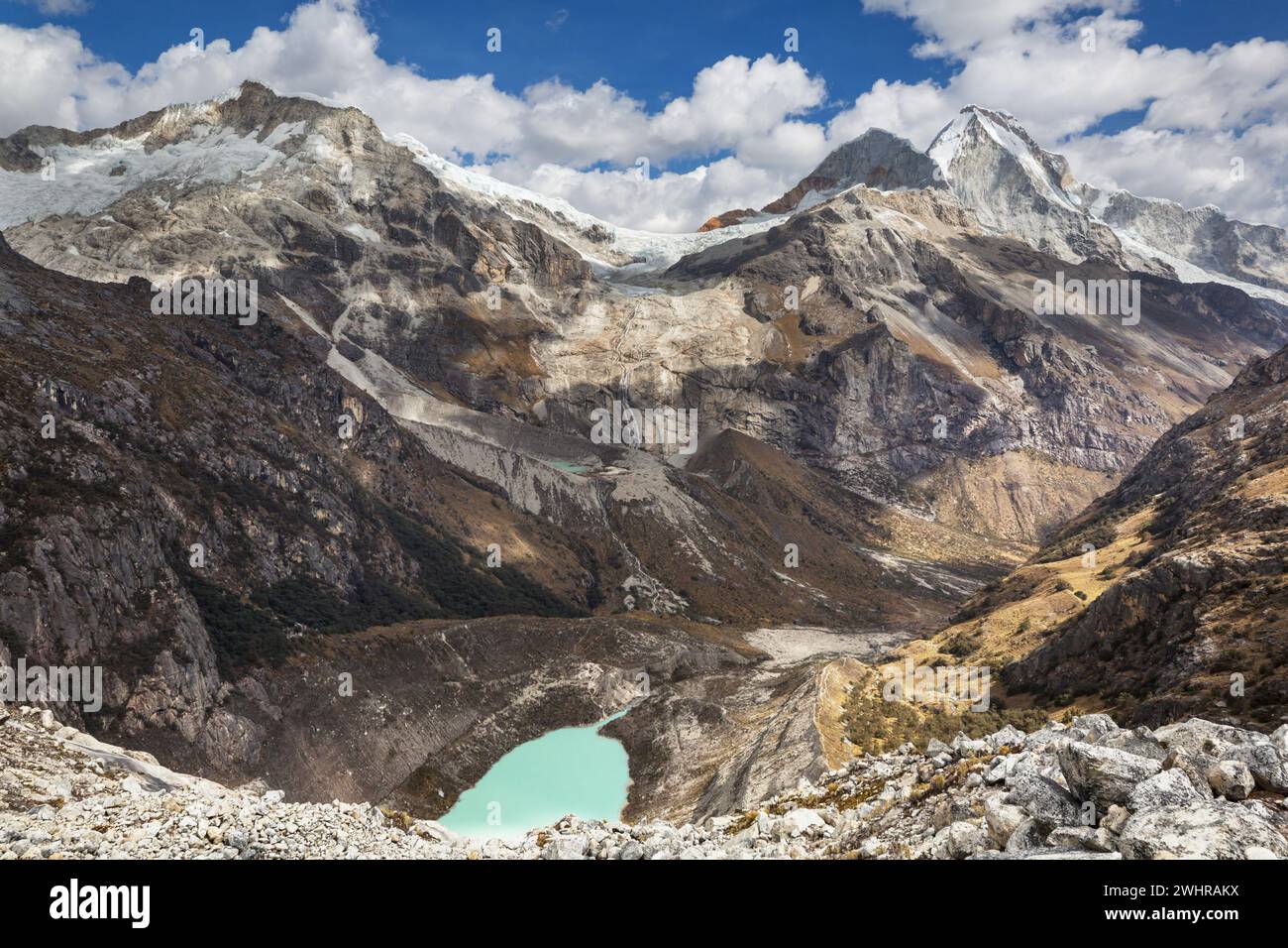 Hiking in the fantastic landscape of the Peruvian high mountain Andes ...