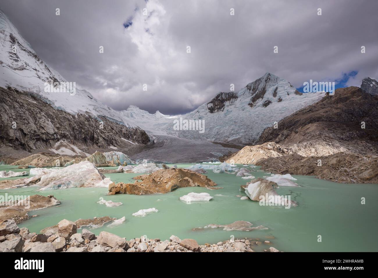 Hiking in the fantastic landscape of the Peruvian high mountain Andes ...