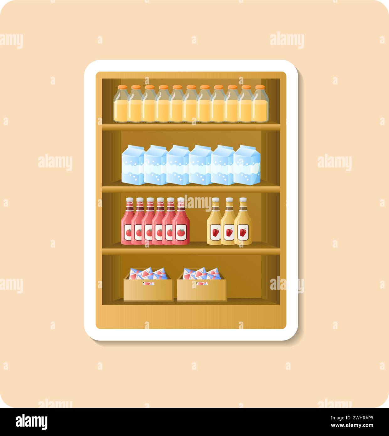 Shelf with product sticker illustration. Package, bottle, box, rack ...