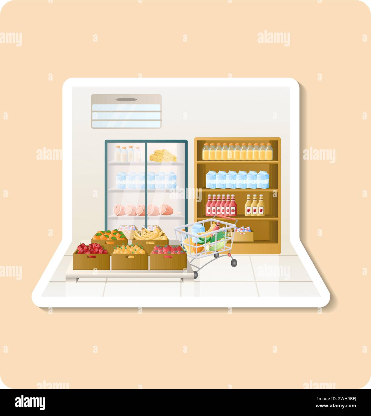 Supermarket sticker illustration. Shelf, fruits, vegetables, trolley ...