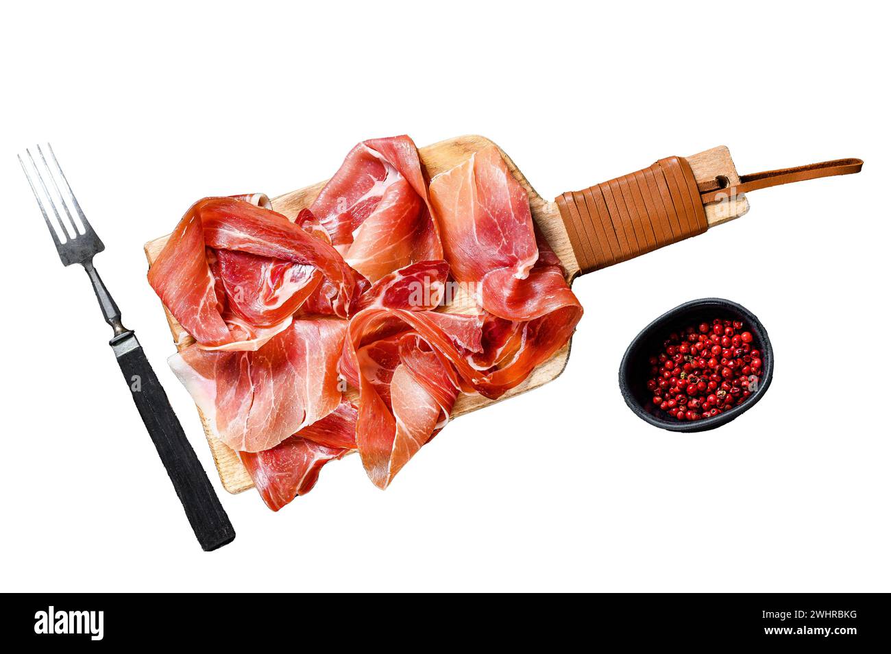 Spanish jamon Serrano, ham. Isolated on white background. Top view ...