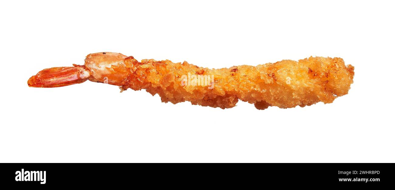 Close-up of a single fried shrimp isolated on a white background ...